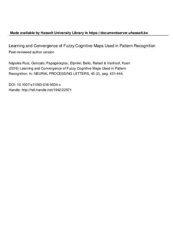(PDF) Learning and Convergence of Fuzzy Cognitive Maps Used in Pattern Recognition