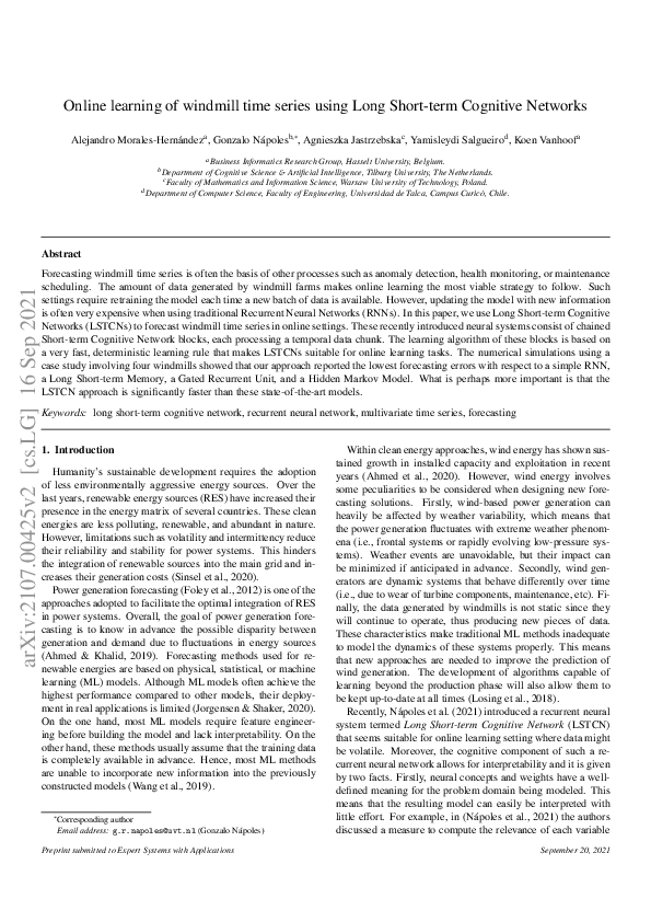 (PDF) Online learning of windmill time series using Long Short-term Cognitive Networks
