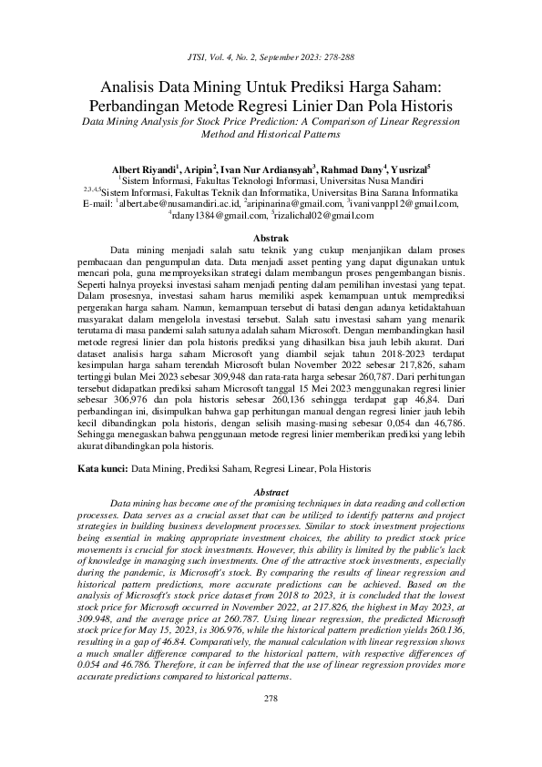 (PDF) Analisis Data Mining untuk Prediksi Harga Saham: Perbandingan Metode Regresi Linier dan ...