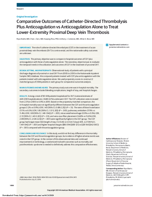 (PDF) Comparative Outcomes of Catheter-Directed Thrombolysis Plus ...