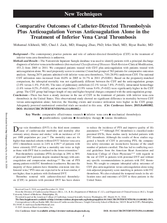 (PDF) Comparative Outcomes of Catheter-Directed Thrombolysis Plus ...