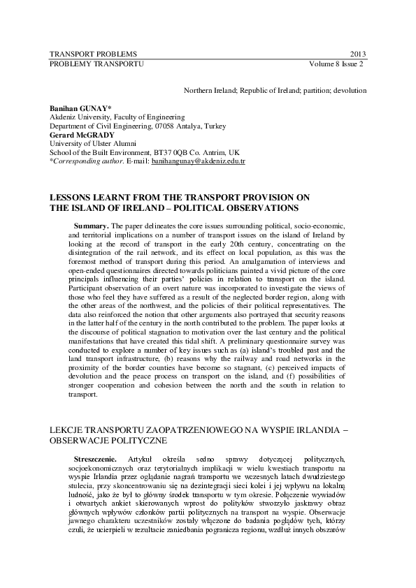 (PDF) Lessons learnt from the transport provision on the island of Ireland