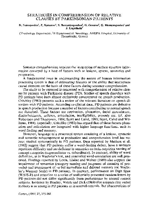 (PDF) Strategies in Comprehension of Relative Clauses by Parkinsonian Patients