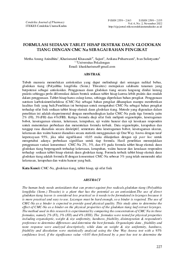 (PDF) FORMULASI SEDIAAN TABLET HISAP EKSTRAK DAUN GLODOKAN TIANG DENGAN CMC Na SEBAGAI BAHAN ...