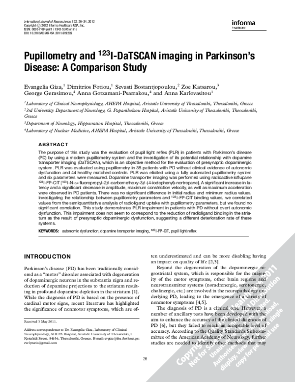 (PDF) Pupillometry and 123I-DaTSCAN imaging in Parkinson's disease: a ...