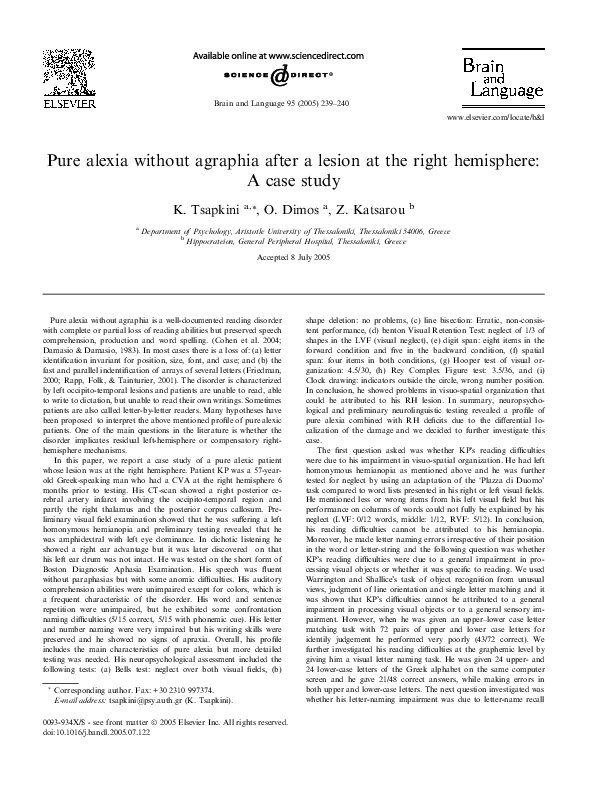 (PDF) Pure alexia without agraphia after a lesion at the right hemisphere: A case study