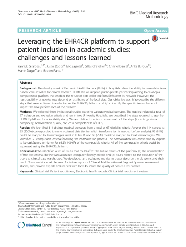(PDF) Leveraging the EHR4CR platform to support patient inclusion in academic studies ...