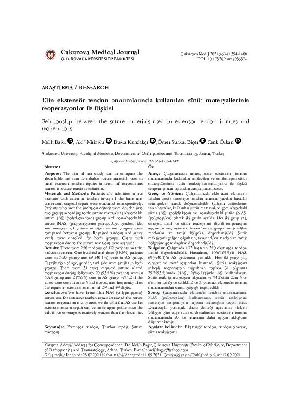 (PDF) Relationship between the suture materials used in extensor tendon ...