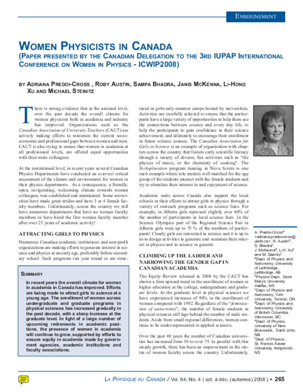 (PDF) Women Physicists in Canada (Paper Presented by the Canadian ...