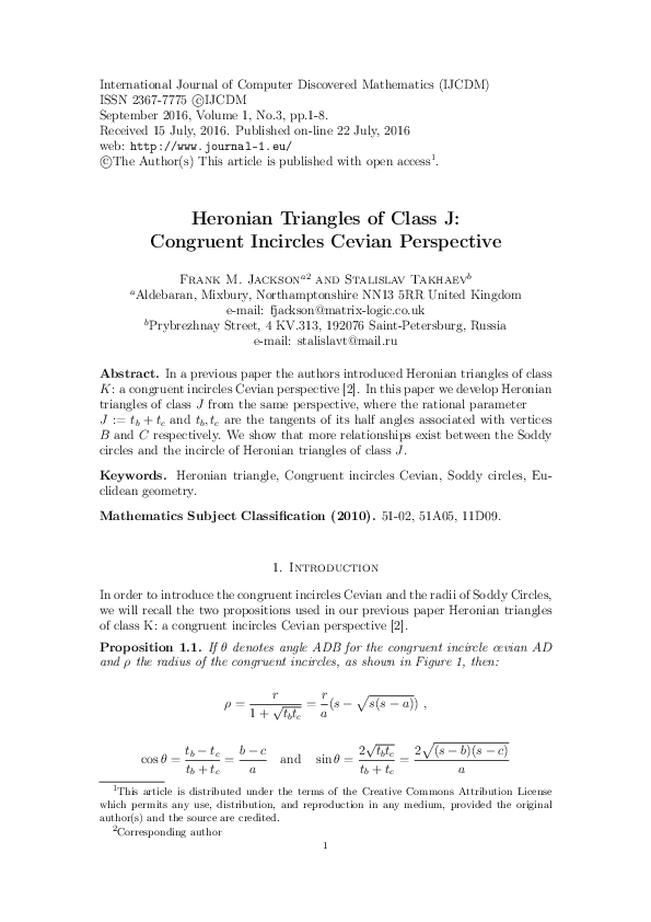 (PDF) Heronian Triangles of Class J: Congruent Incircles Cevian Perspective