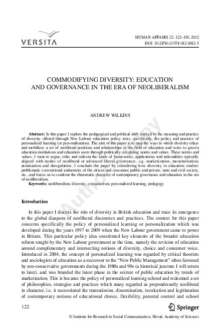 (PDF) Commodifying Diversity: Governance and Education in the Age of Neoliberalism