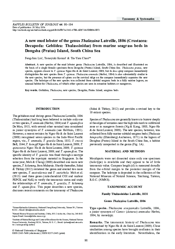 (PDF) A new mud lobster of the genus Thalassina Latreille, 1806 ...