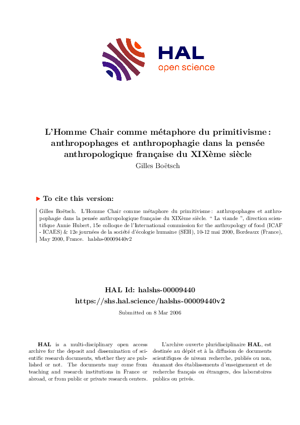 (PDF) L'Homme Chair comme métaphore du primitivisme : anthropophages et ...