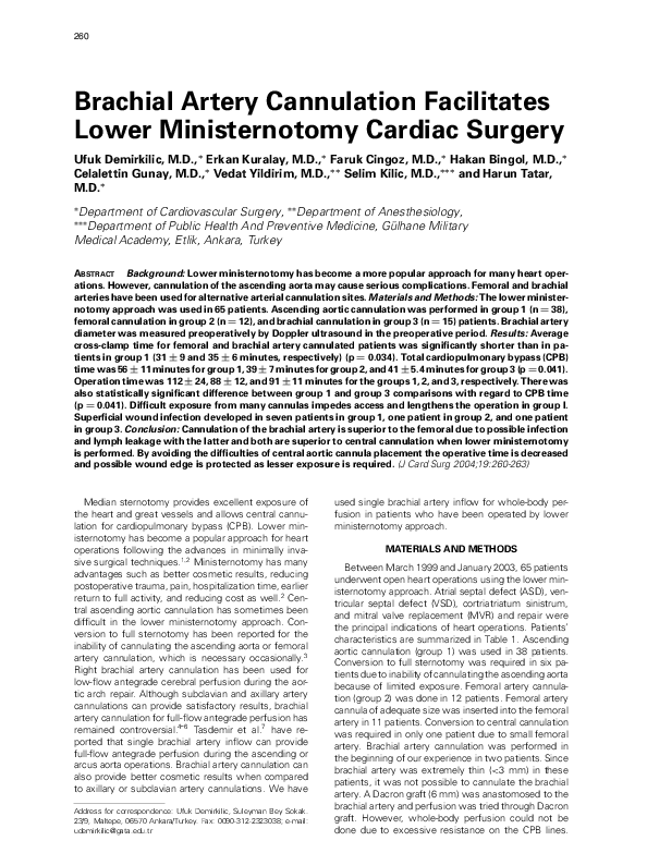 (PDF) Brachial Artery Cannulation Facilitates Lower Ministernotomy ...