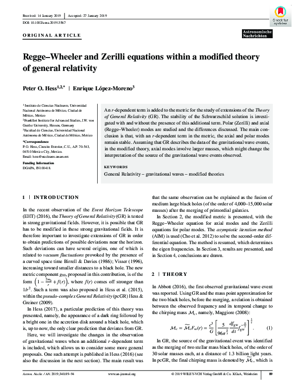 (PDF) Regge–Wheeler and Zerilli equations within a modified theory of ...