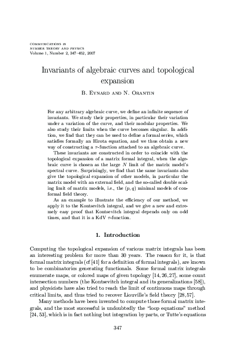 (PDF) Invariants of algebraic curves and topological expansion