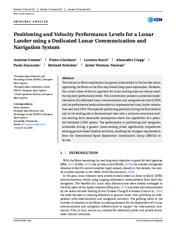 (PDF) Positioning and Velocity Performance Levels for a Lunar Lander using a Dedicated Lunar ...