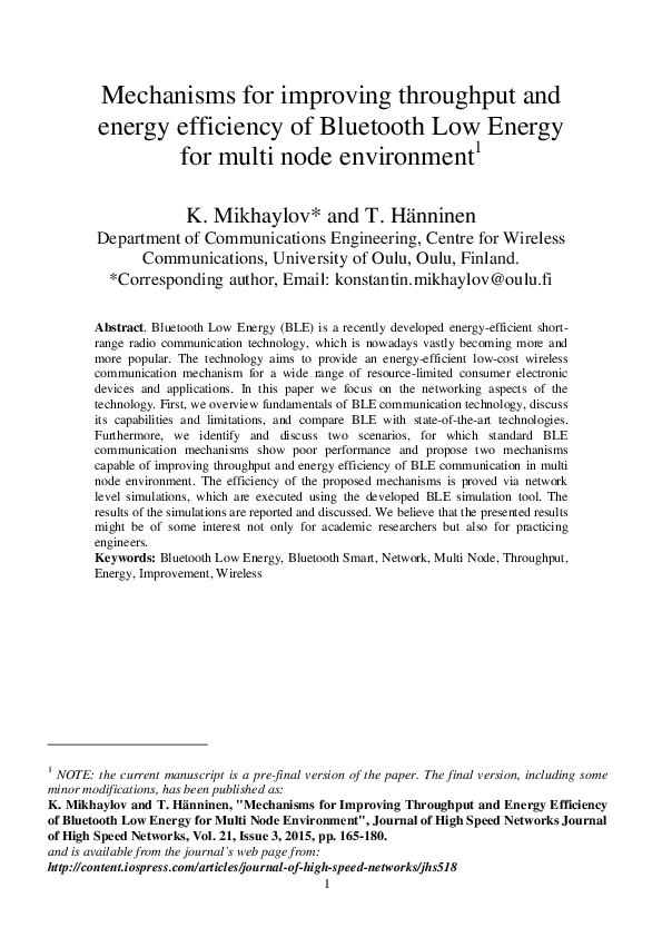 (PDF) Mechanisms for improving throughput and energy efficiency of Bluetooth Low Energy for ...