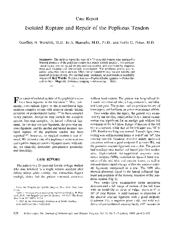 (PDF) Isolated rupture and repair of the popliteus tendon