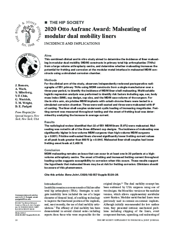 (PDF) 2020 Otto Aufranc Award: Malseating of modular dual mobility liners