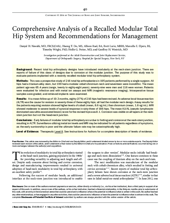 (PDF) Comprehensive Analysis of a Recalled Modular Total Hip System and ...