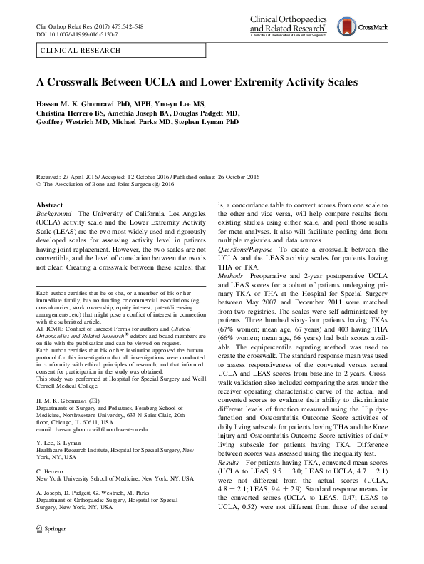 (PDF) A Crosswalk Between UCLA and Lower Extremity Activity Scales