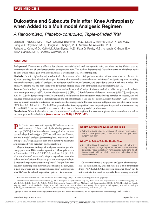 (PDF) Duloxetine and Subacute Pain after Knee Arthroplasty when Added ...