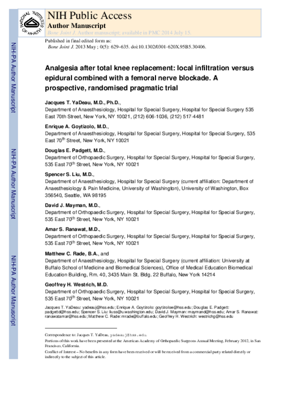 (PDF) Analgesia after total knee replacement: local infiltration versus ...