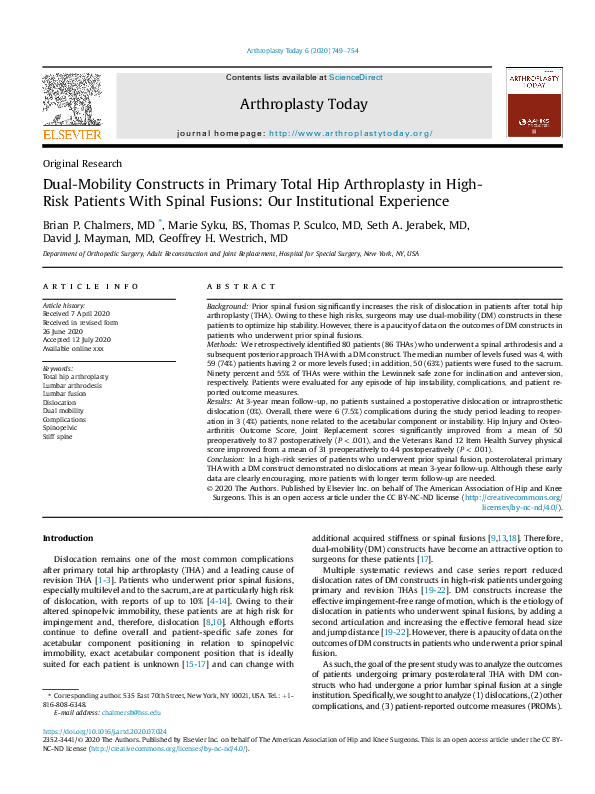 (PDF) Dual-Mobility Constructs in Primary Total Hip Arthroplasty in High-Risk Patients With ...