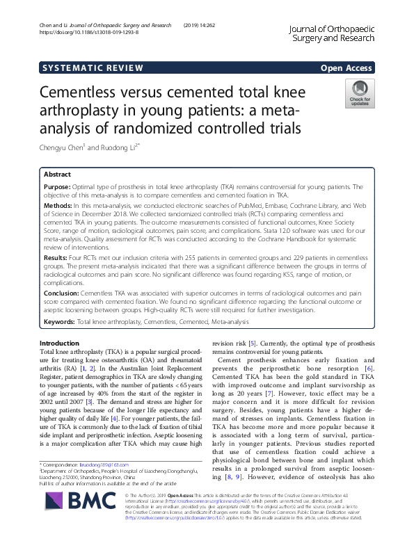 (PDF) Cementless Versus Cemented Total Knee Arthroplasty of the Same ...