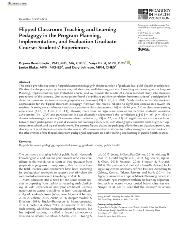(PDF) Flipped Classroom Teaching and Learning Pedagogy in the Program Planning, Implementation ...