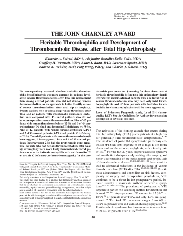 (PDF) THE JOHN CHARNLEY AWARD: Heritable Thrombophilia and Development ...