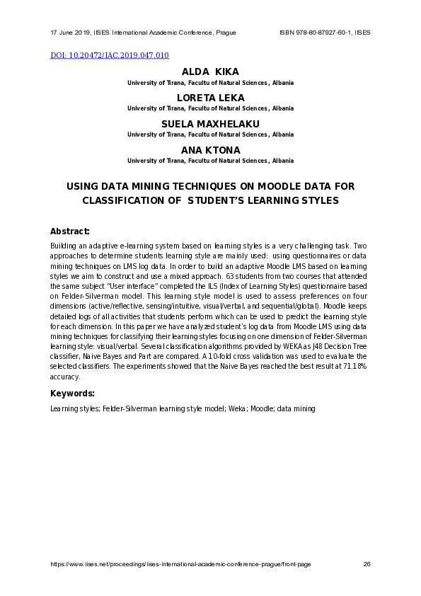(PDF) Using Data Mining Techniques on Moodle Data for Classification of Student’s Learning Styles