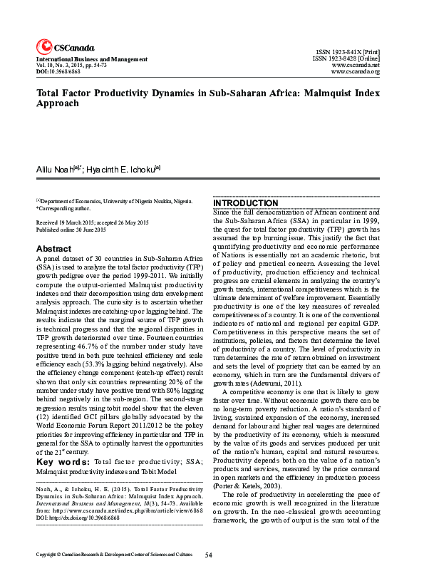 (PDF) Total Factor Productivity Dynamics in Sub-Saharan Africa: Malmquist Index Approach