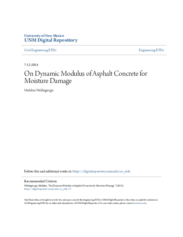 (PDF) On Dynamic Modulus of Asphalt Concrete for Moisture Damage