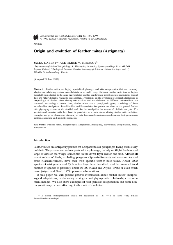 (PDF) Origin and evolution of feather mites (Astigmata)