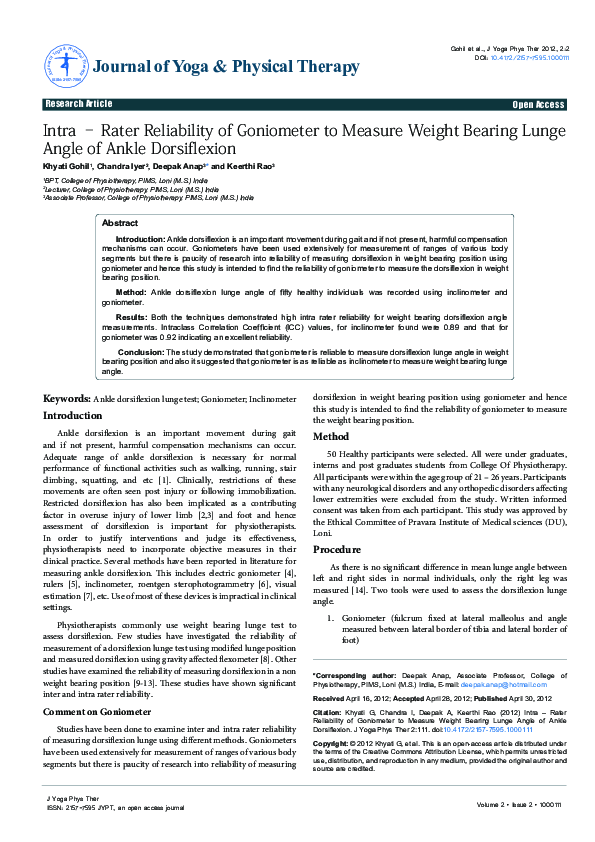 (PDF) Intra – Rater Reliability of Goniometer to Measure Weight Bearing ...