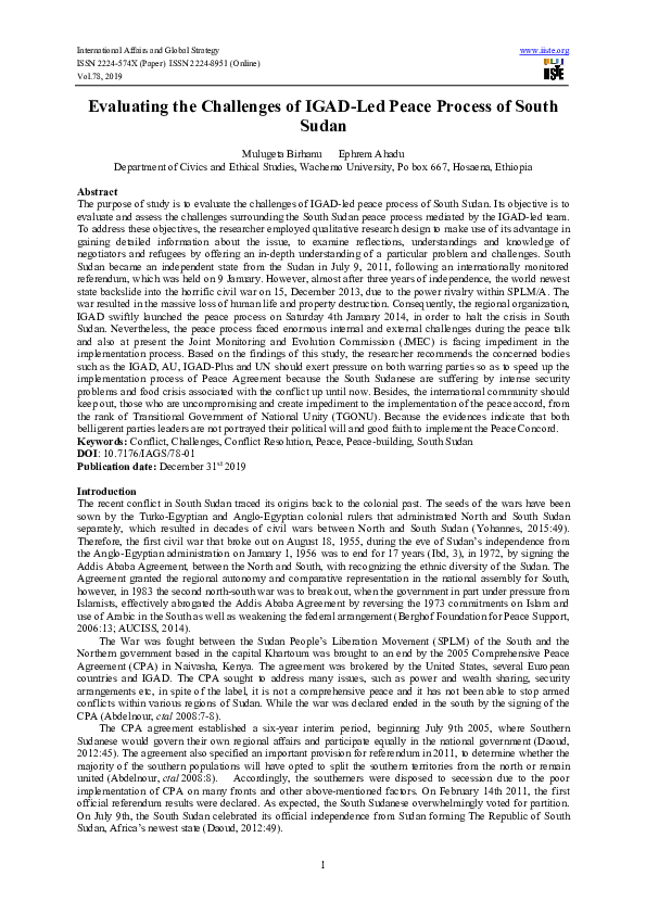 (PDF) Evaluating the Challenges of IGAD-Led Peace Process of South Sudan