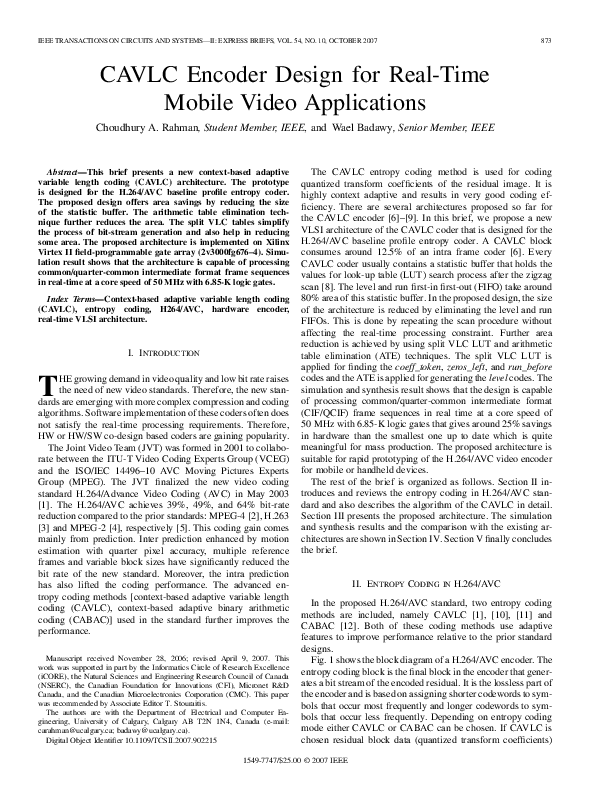 (PDF) CAVLC Encoder Design for Real-Time Mobile Video Applications