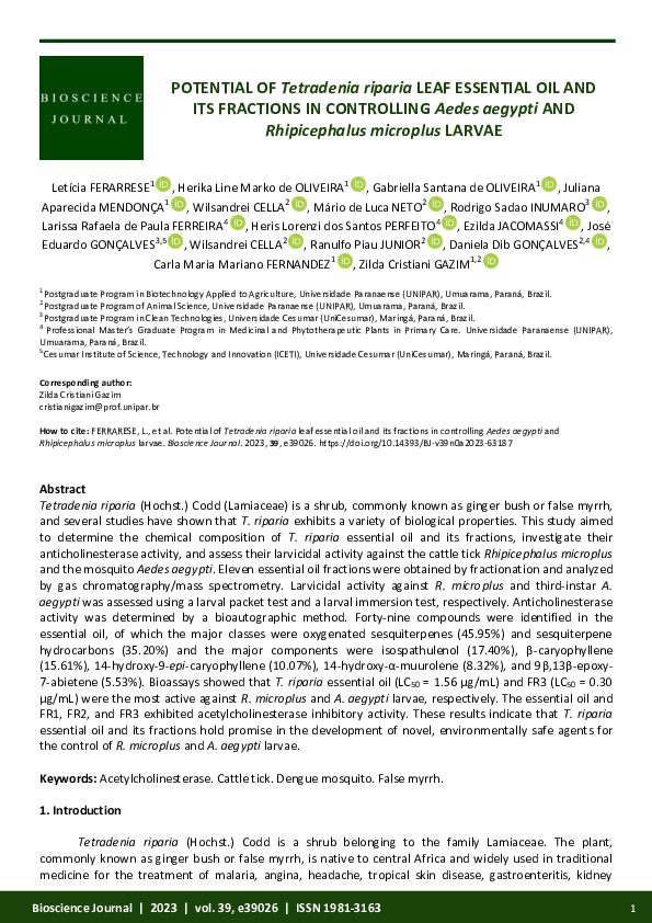 (PDF) Potential of Tetradenia riparia leaf essential oil and its fractions in controlling Aedes ...