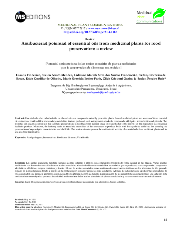 (PDF) Antibacterial potential of essential oils from medicinal plants for food preservation: a ...