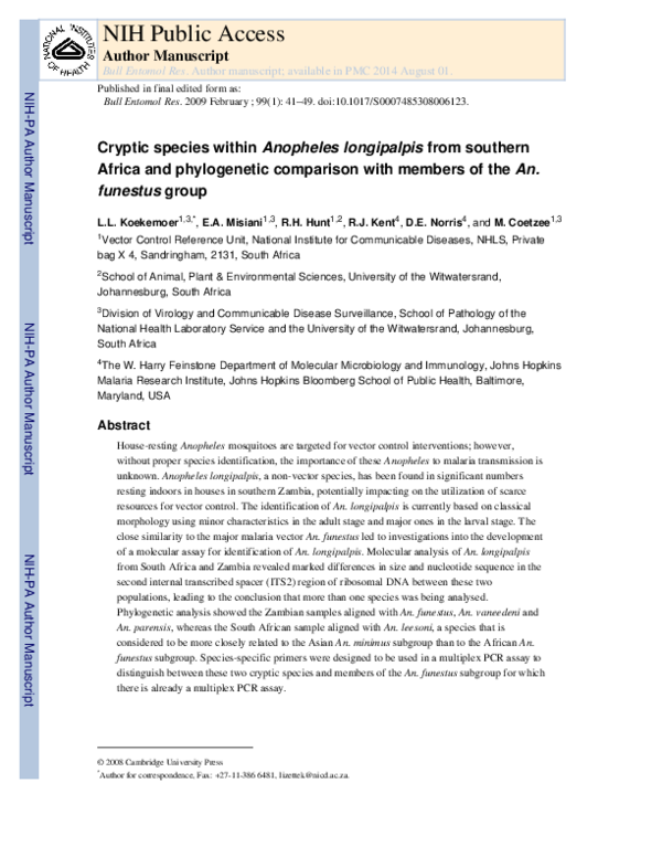 (PDF) Cryptic species within Anopheles longipalpis from southern Africa ...