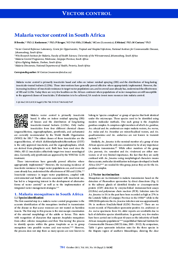 (PDF) Malaria vector control in South Africa