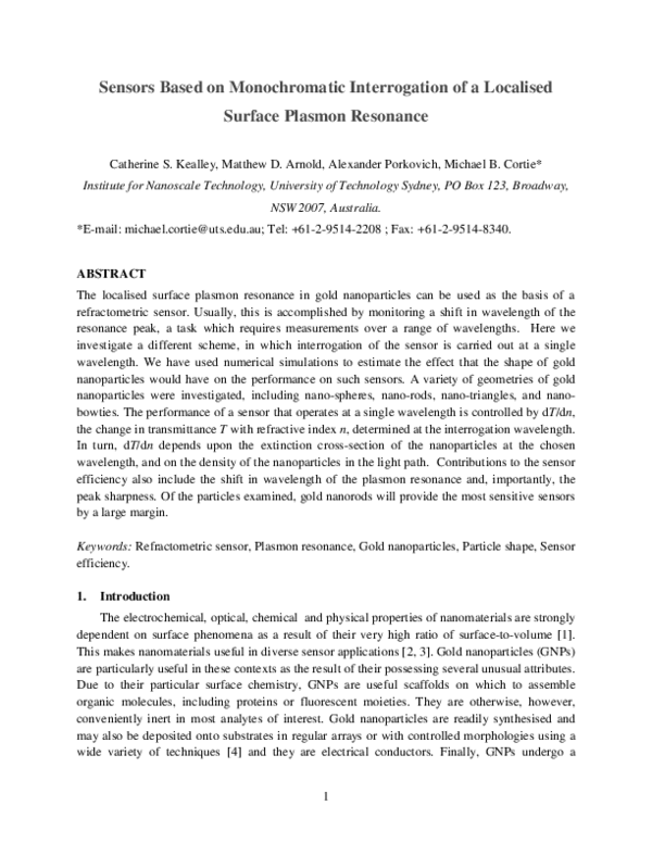 (PDF) Sensors based on monochromatic interrogation of a localised surface plasmon resonance