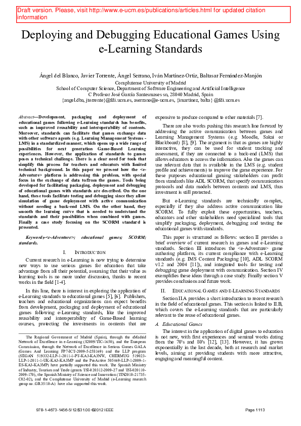 (PDF) Deploying and debugging educational games using e-Learning standards