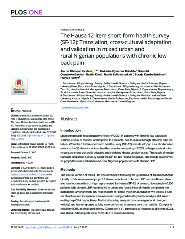 (PDF) The Hausa 12-item short-form health survey (SF-12): Translation, cross-cultural adaptation ...