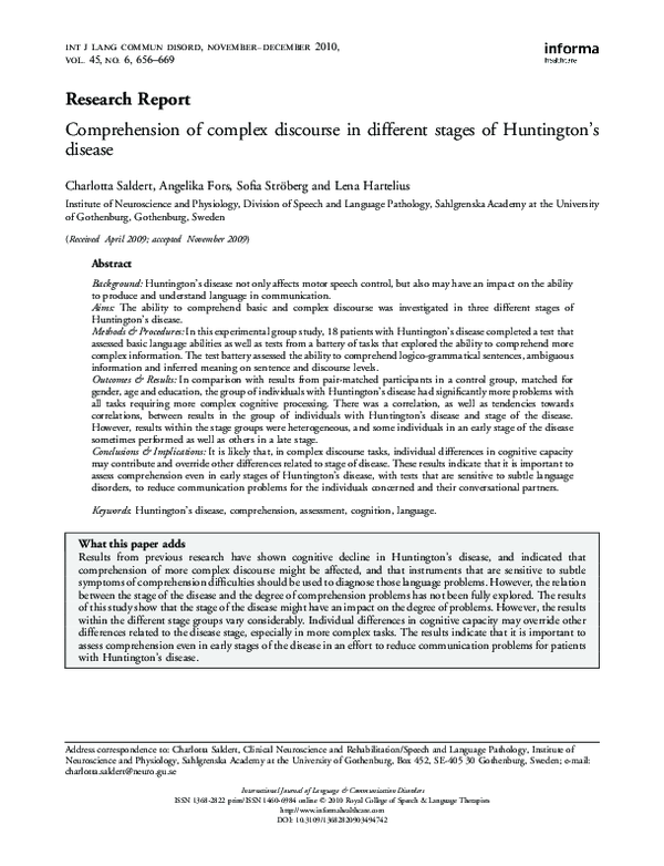 (PDF) Comprehension of complex discourse in different stages of Huntington's disease