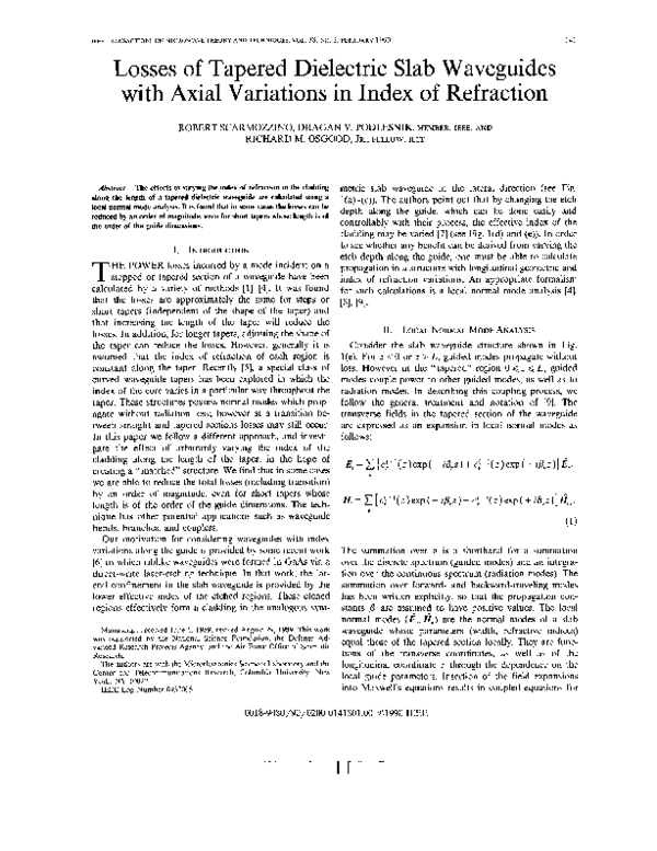 (PDF) Losses of tapered dielectric slab waveguides with axial variations in index of refraction