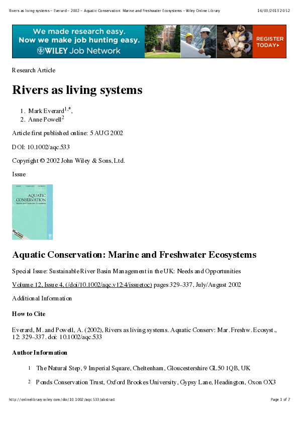 (PDF) Rivers as living systems