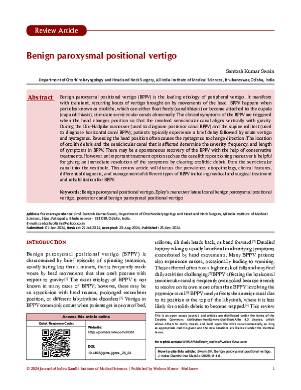 (PDF) Benign paroxysmal positional vertigo